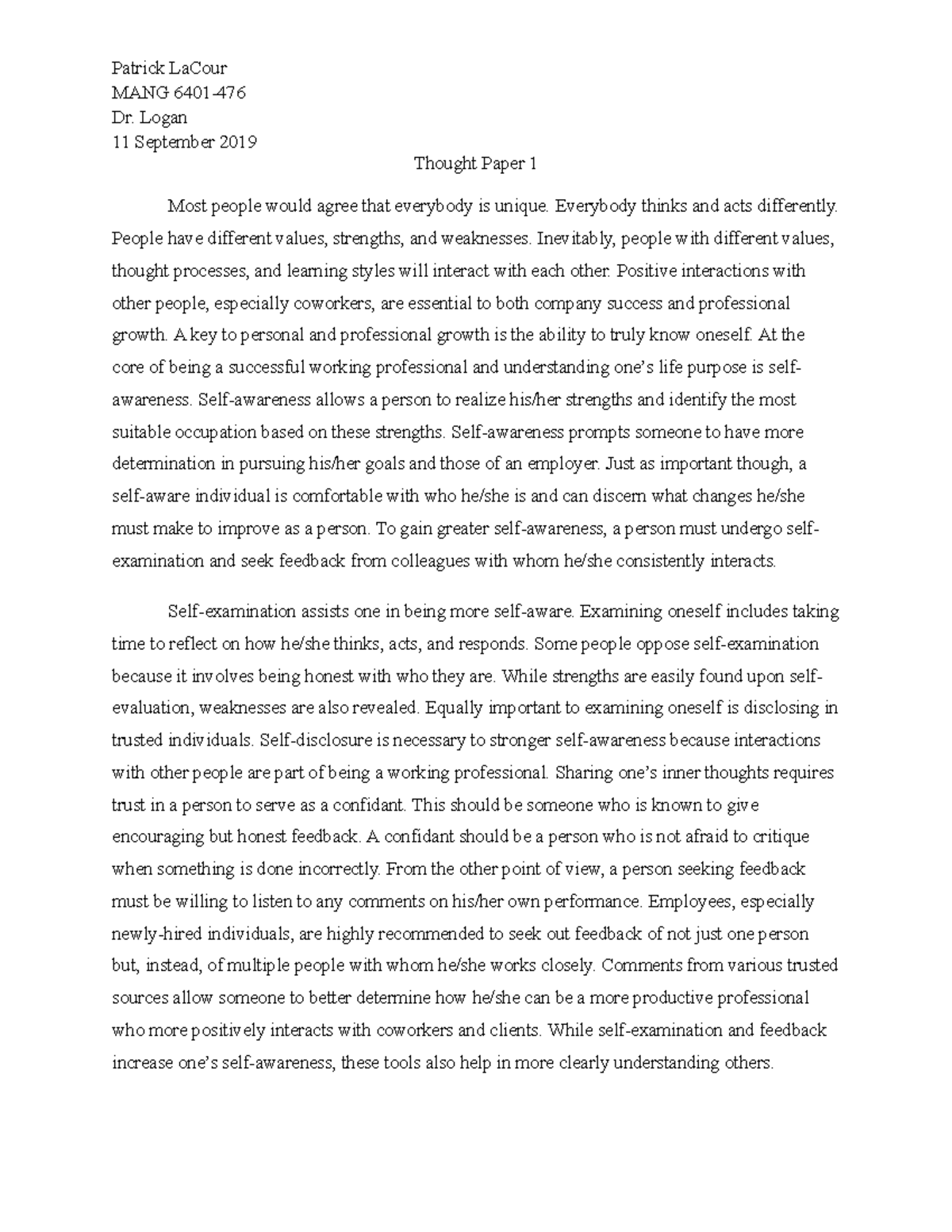 Thought Paper 1 - Patrick LaCour MANG 6401- Dr. Logan 11 September 2019 ...