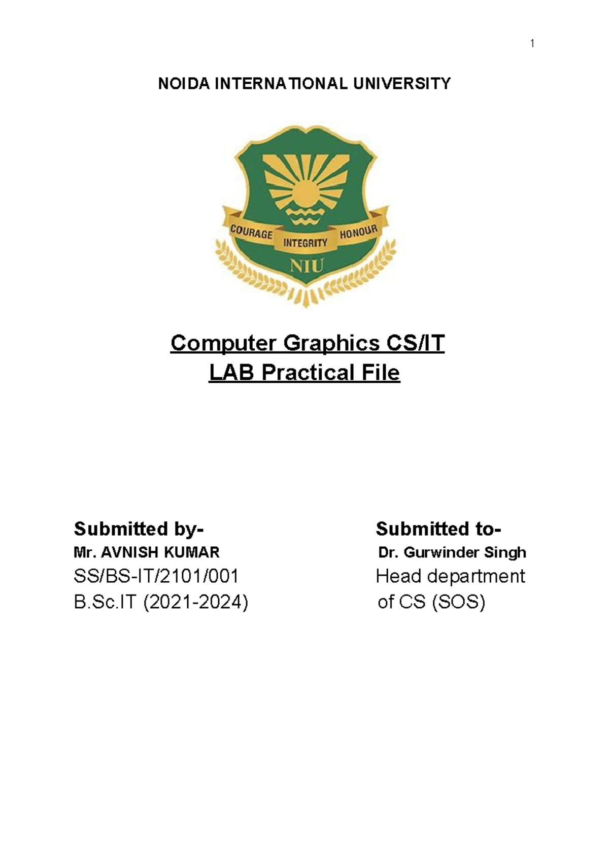 Avnish kumar - Computer Graphics - NOIDA INTERNATIONAL UNIVERSITY Computer Graphics CS/IT LAB ...