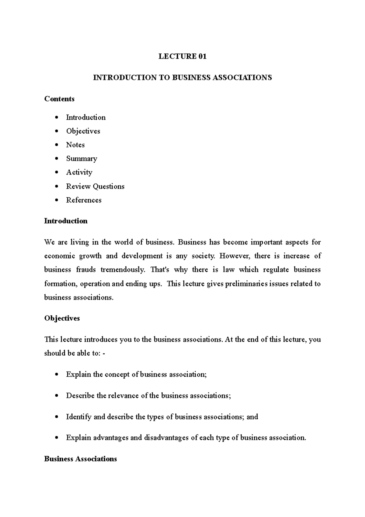 Lecture 01 - Introduction to Business Associations - LECTURE 01 INTRODUCTION TO BUSINESS - Studocu