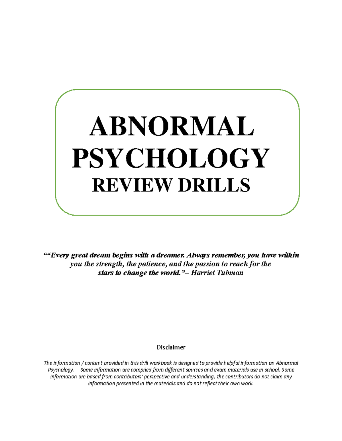 AB Psych Drills ( Answer KEY) - ABNORMAL PSYCHOLOGY REVIEW DRILLS ...