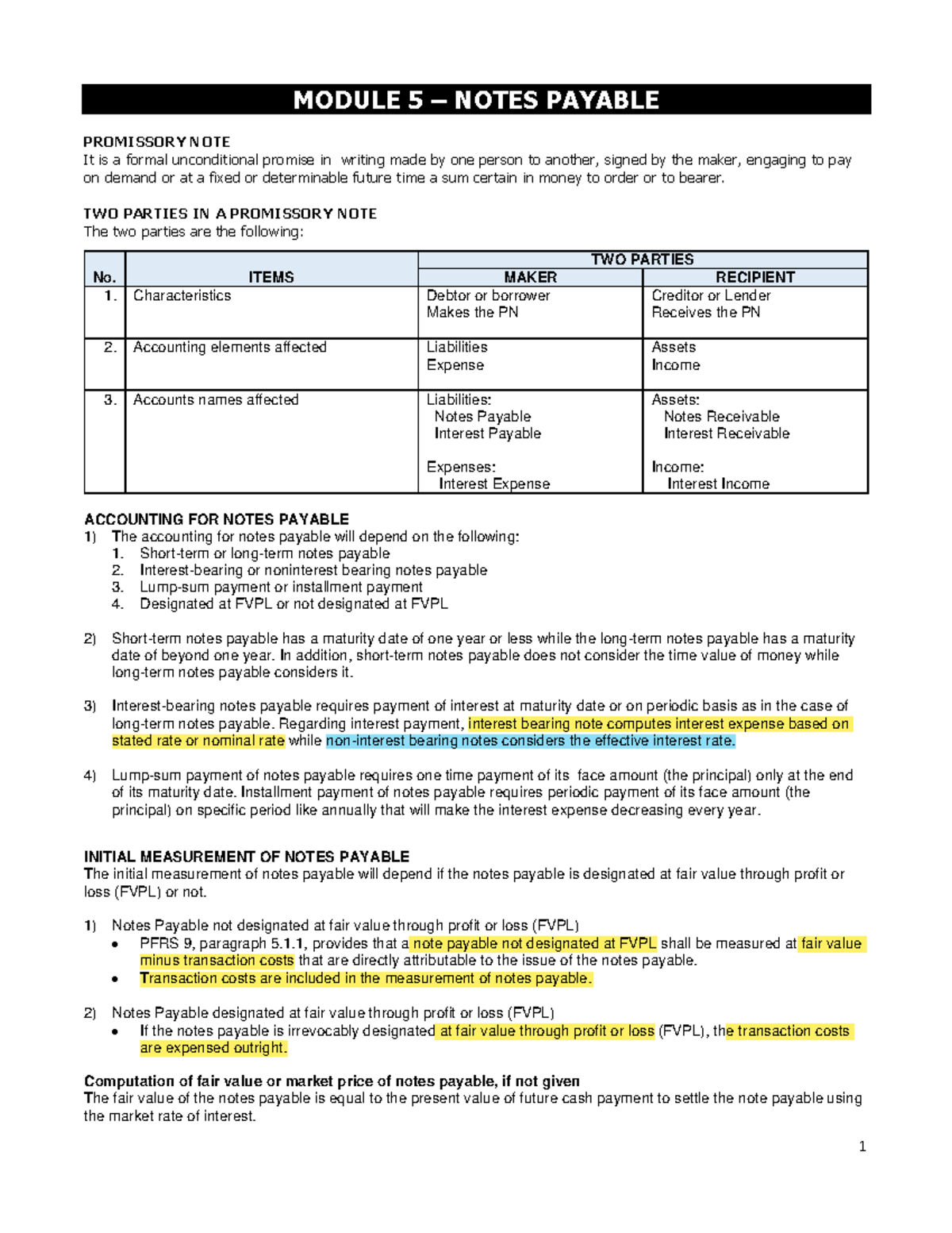 Summary of Notes Payable - MODULE 5 – NOTES PAYABLE PROMISSORY NOTE It ...