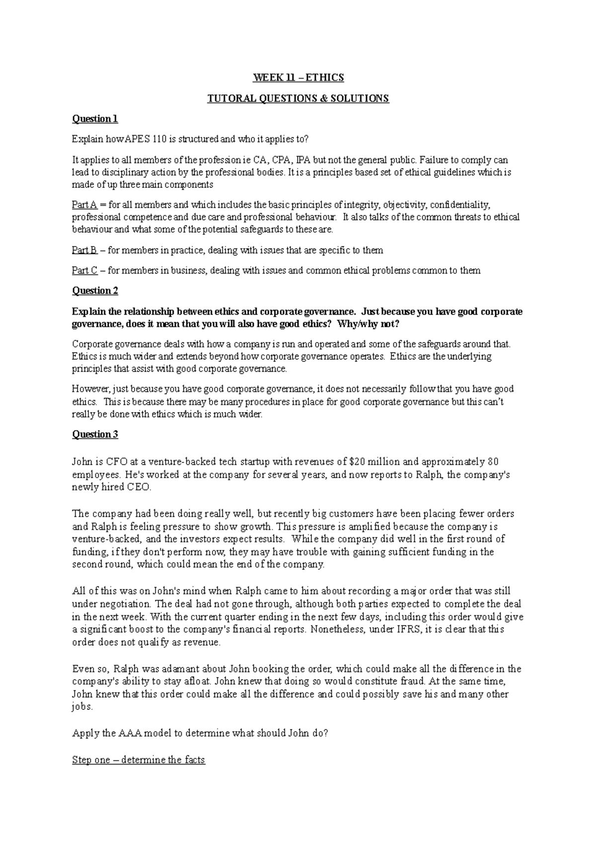 Week 12 Tutorial Ethics questions & solutions - WEEK 11 – ETHICS ...