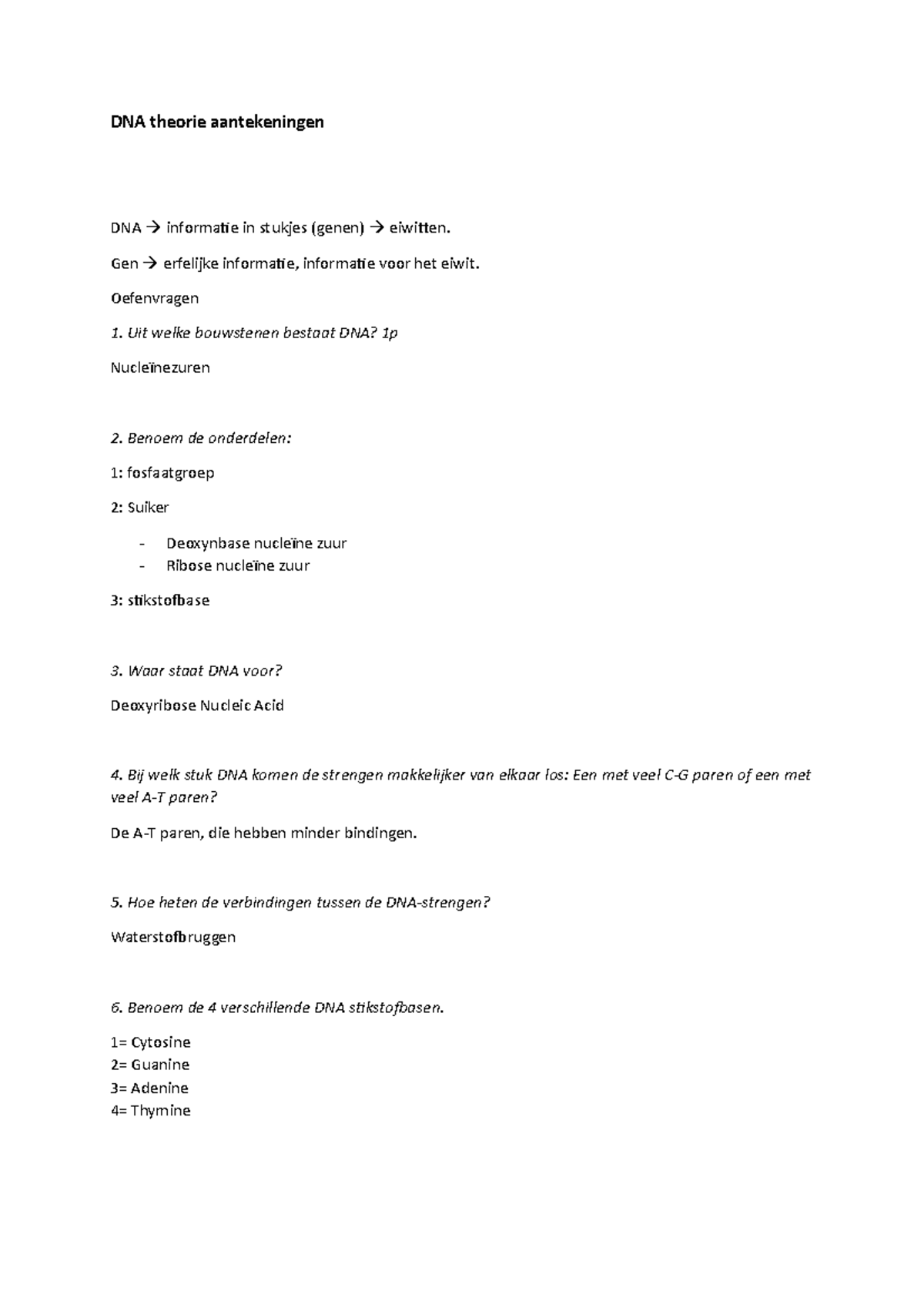 DNA theorie aantekeningen - Gen erfelijke informatie, informatie voor ...