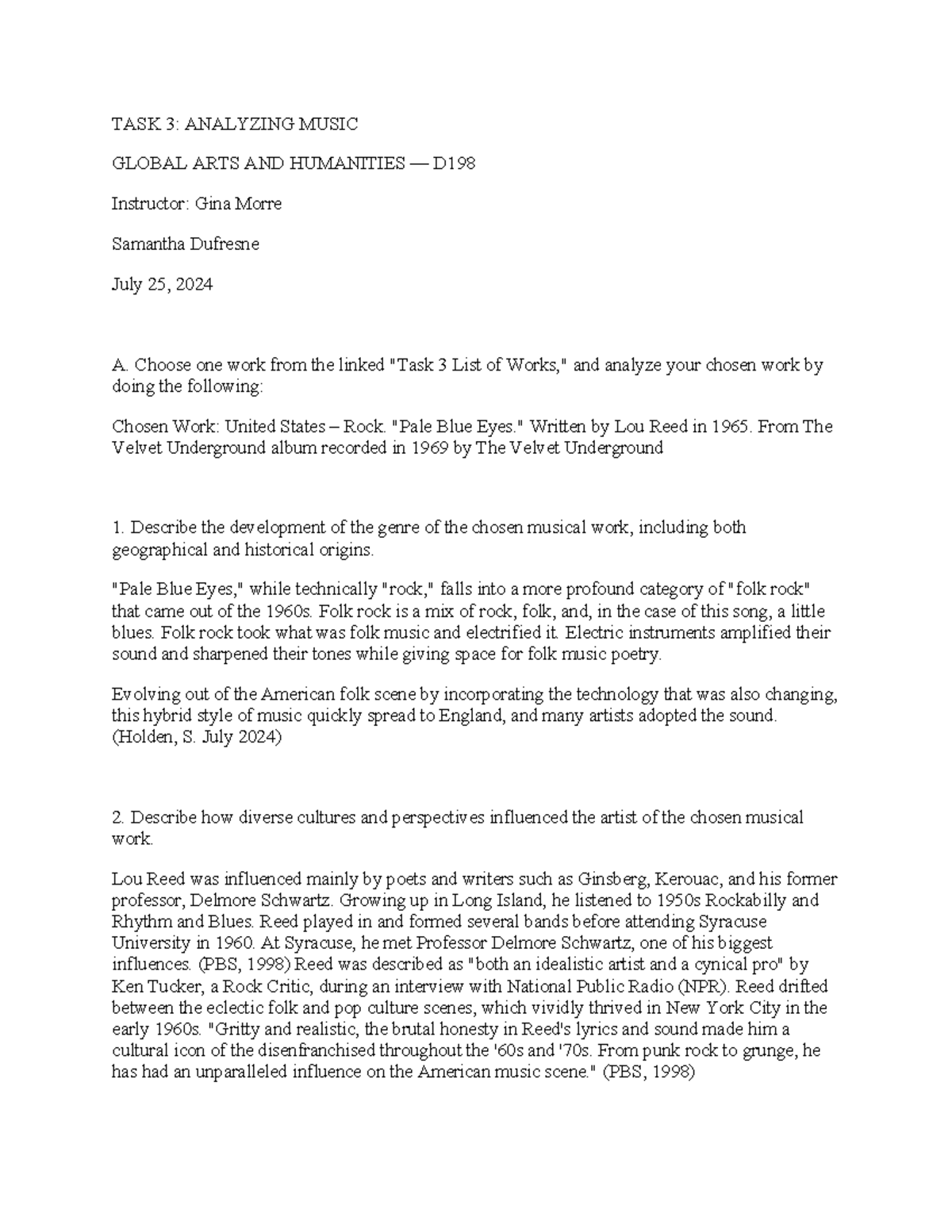 D198 Task 3 SDufresne - Passed first try - Pale Blue Eyes by Lou Reed ...