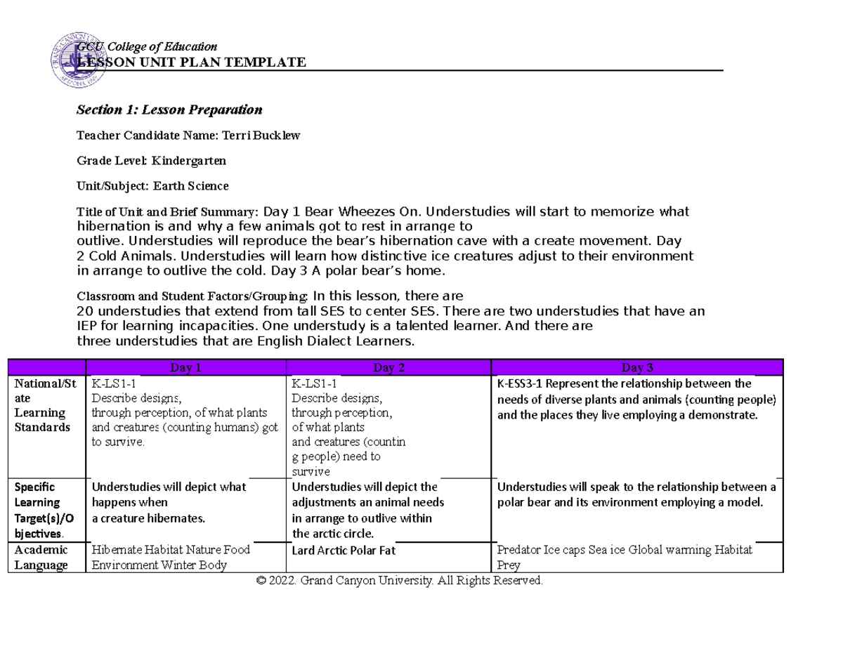 ECE 460 T5 Unit Plan Template 3day - GCU College of Education LESSON ...