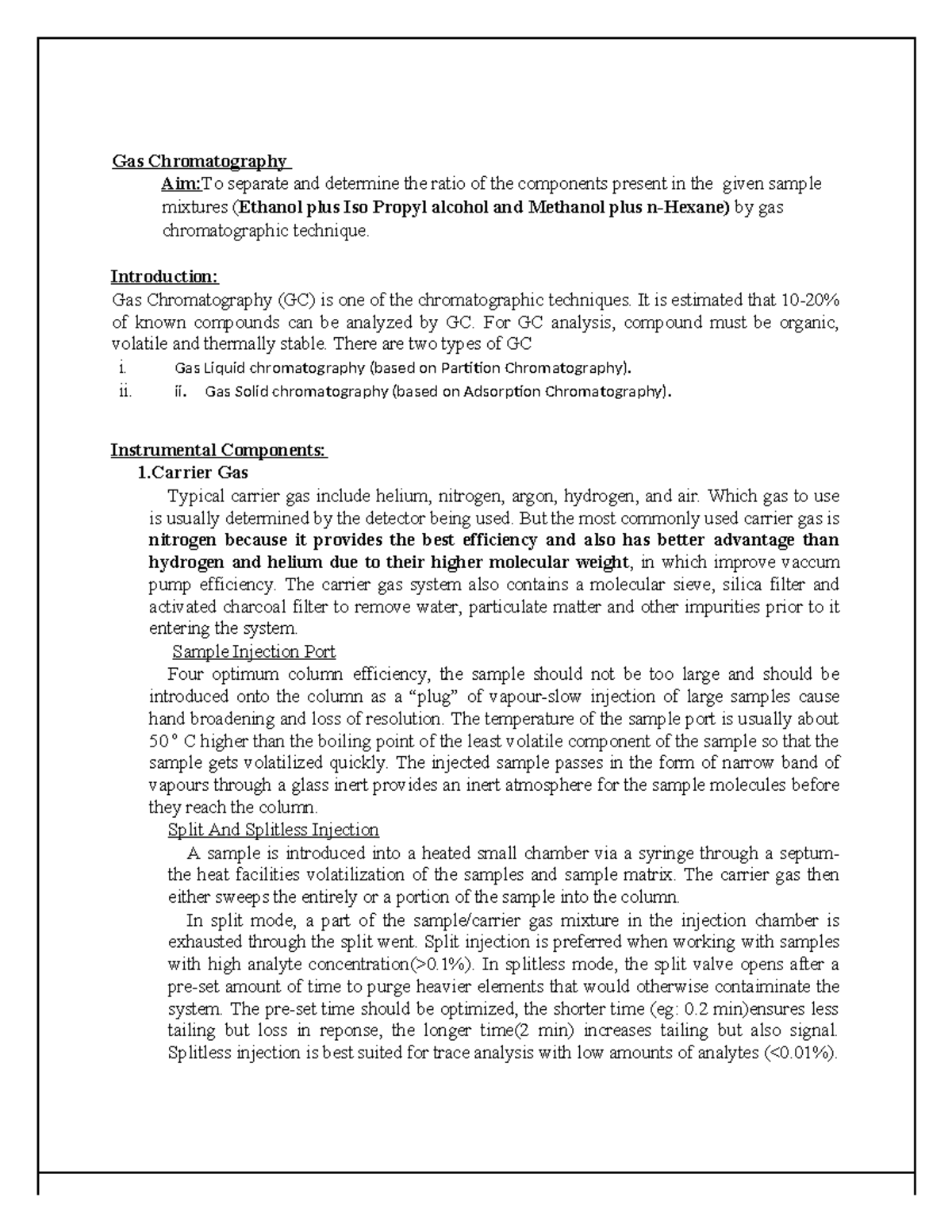 GC data - It's practical - Gas Chromatography Aim:To separate and ...