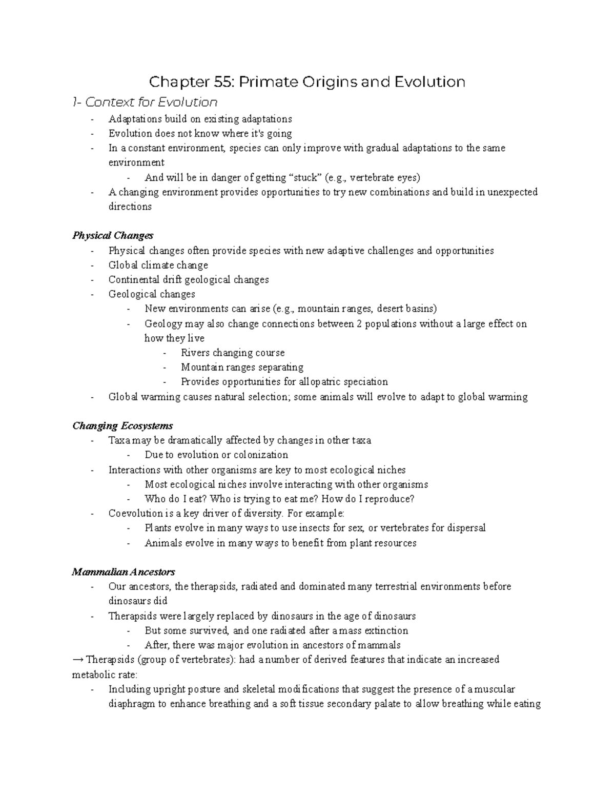 Evolution Unit - Human Evolution Notes - Chapter 55: Primate Origins ...
