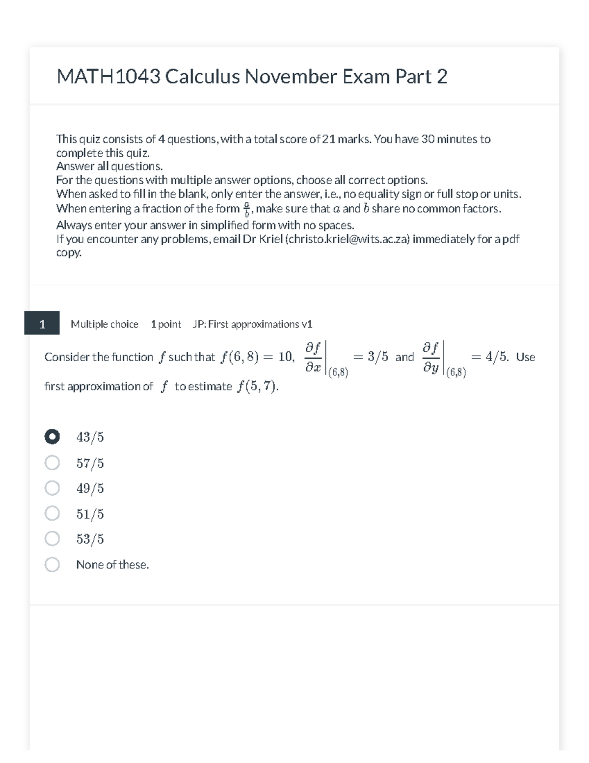 MATH1043 Calculus November 2021 Exam Part 2 - You have 30 minutes to ...