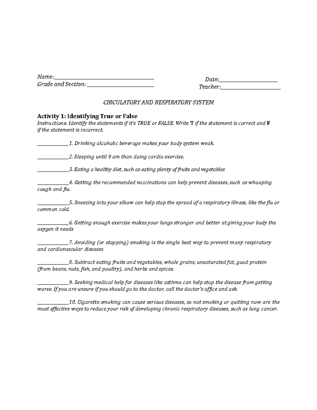 Circulatory AND Respiratory System Activities Name Grade And Section