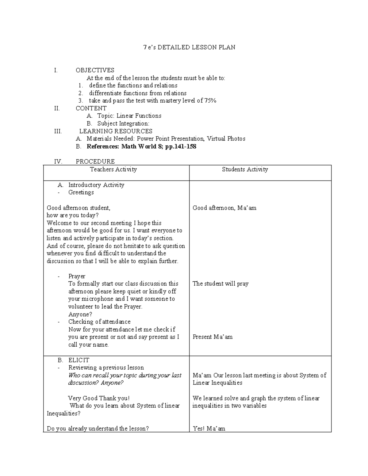 Linear Function - Detailed lesson Plan - 7 e’s DETAILED LESSON PLAN I ...