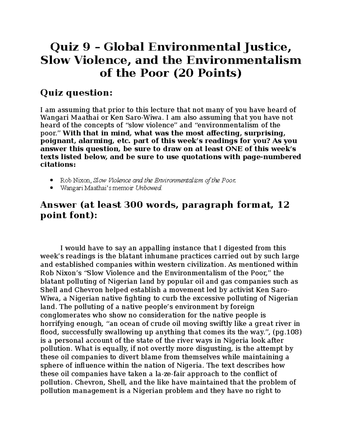 Quiz 9 - Global Environmental Justice - Quiz 9 – Global Environmental ...