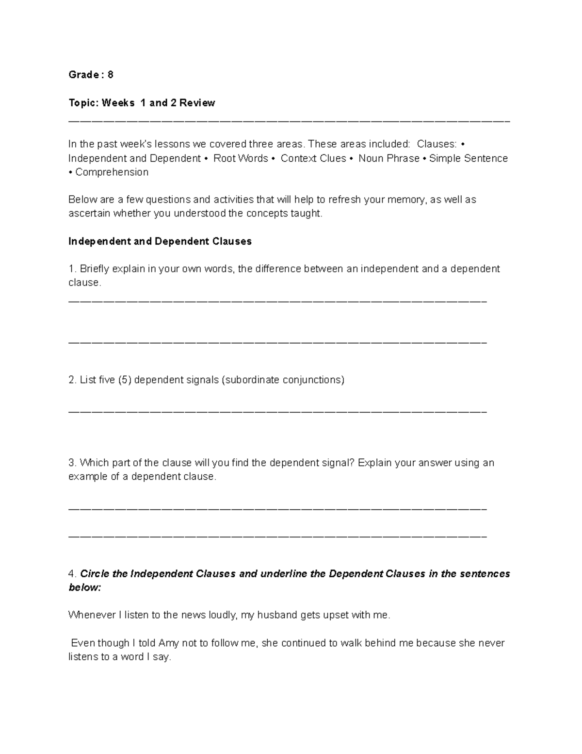 Grade 6-10 Test - ELA Assessment - Grade : 8 Topic: Weeks 1 and 2 ...