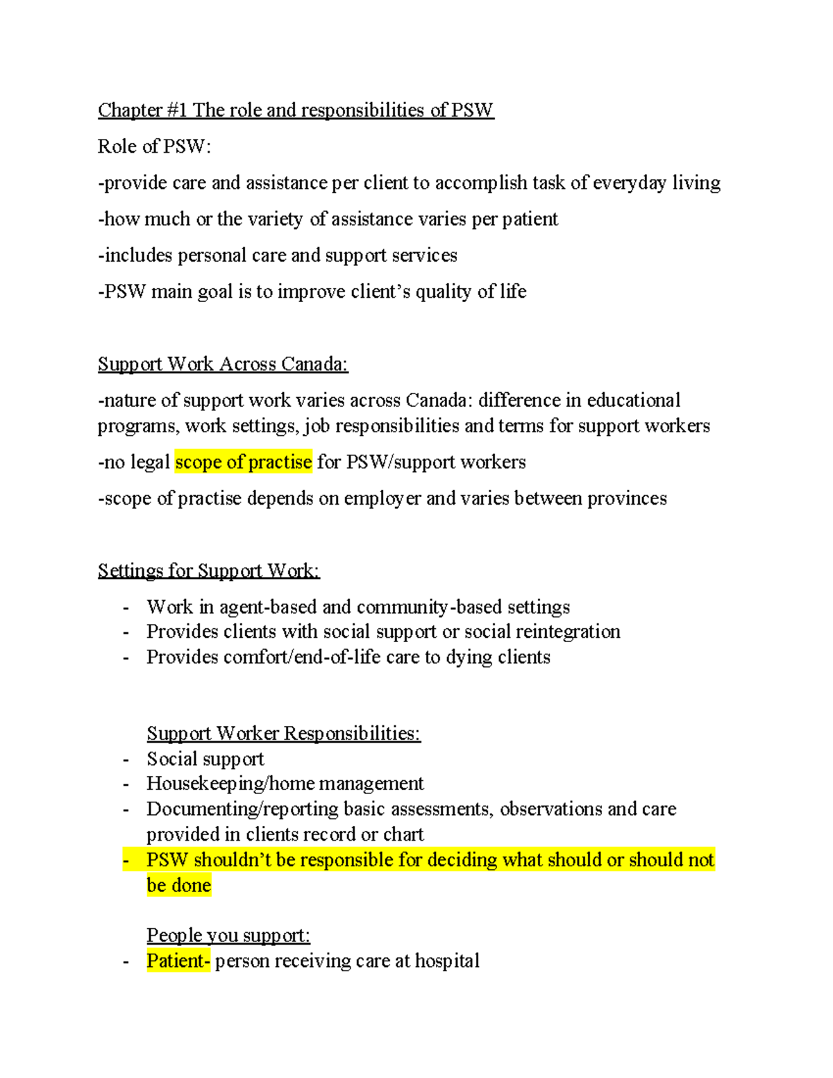 Chapter #1 - Chapter #1 The role and responsibilities of PSW Role of ...