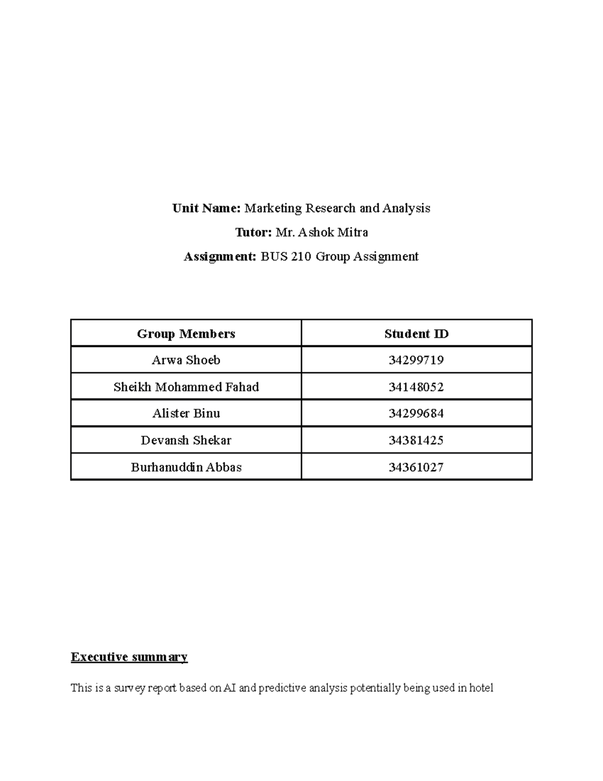 BUS 210 Group assignment - Unit Name: Marketing Research and Analysis ...