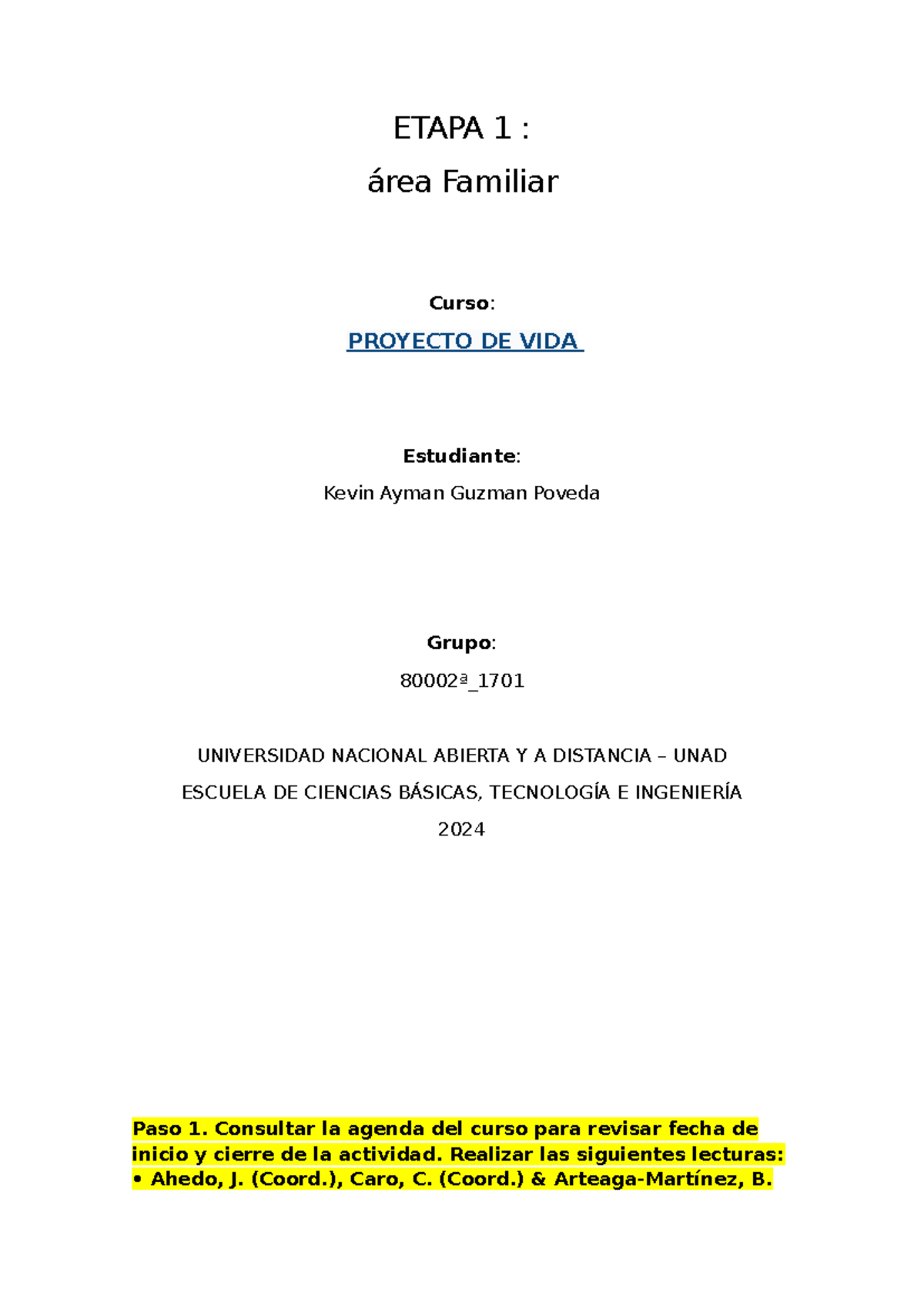 Area Familiar - ETAPA 1 : área Familiar Curso: PROYECTO DE VIDA ...