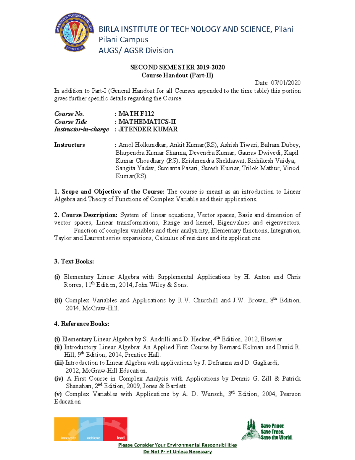 MATH F112 1011 - course handout - Warning: TT: undefined function: 32 Pilani Campus AUGS/ AGSR ...