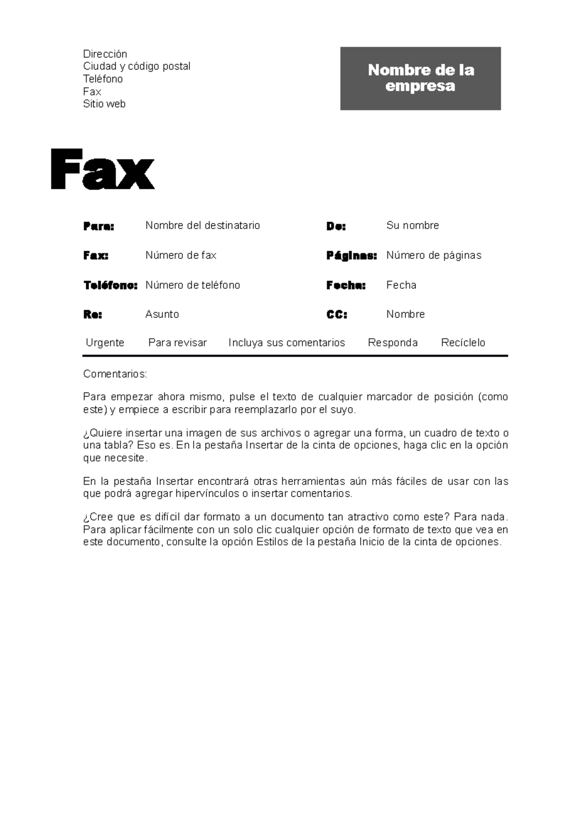 Fax portada - Na - Dirección Ciudad y código postal Teléfono Fax Sitio ...