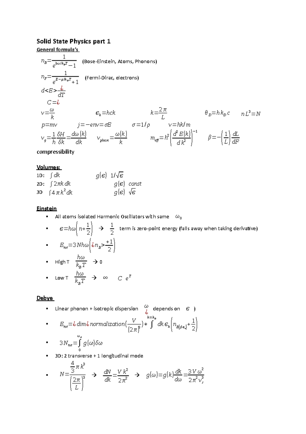 Solid State Physics Summary part 1 - Solid State Physics part 1 General ...