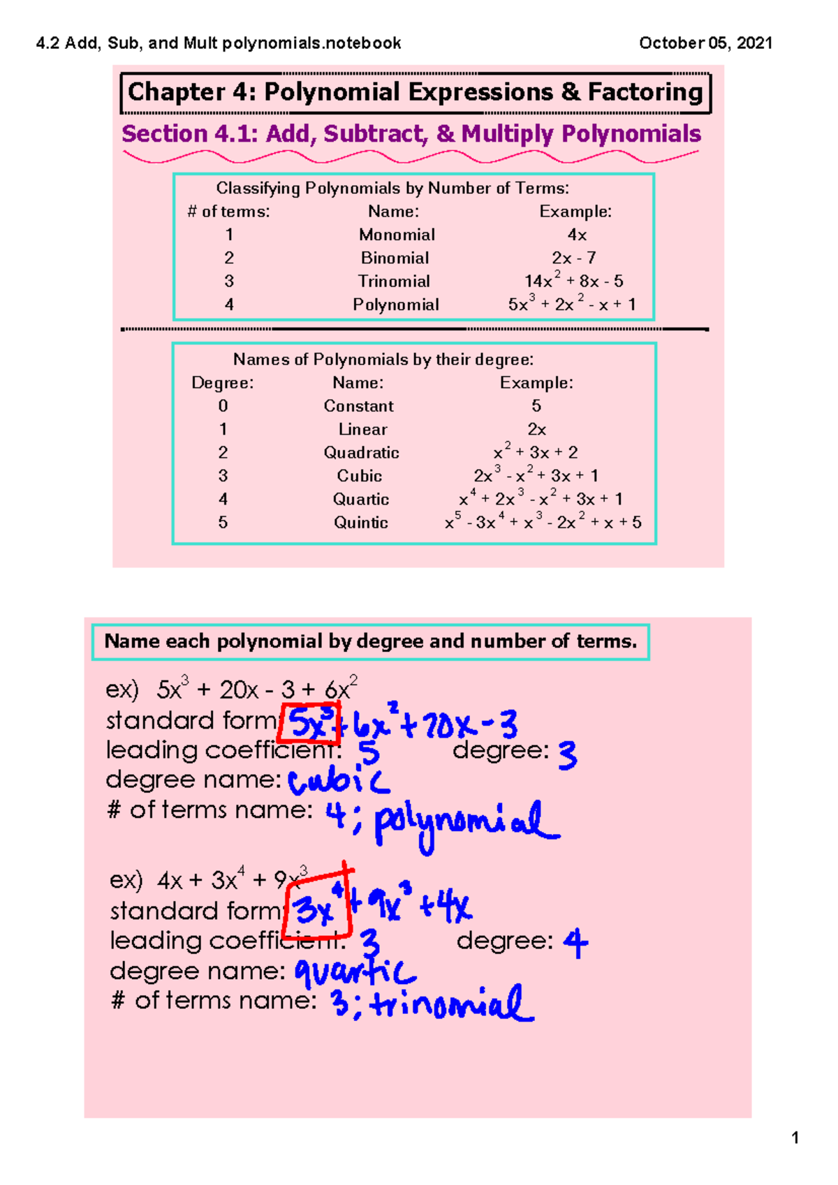 4.1 Add, Subtract, and Mult Polynomials - 4 Add, Sub, and Mult ...
