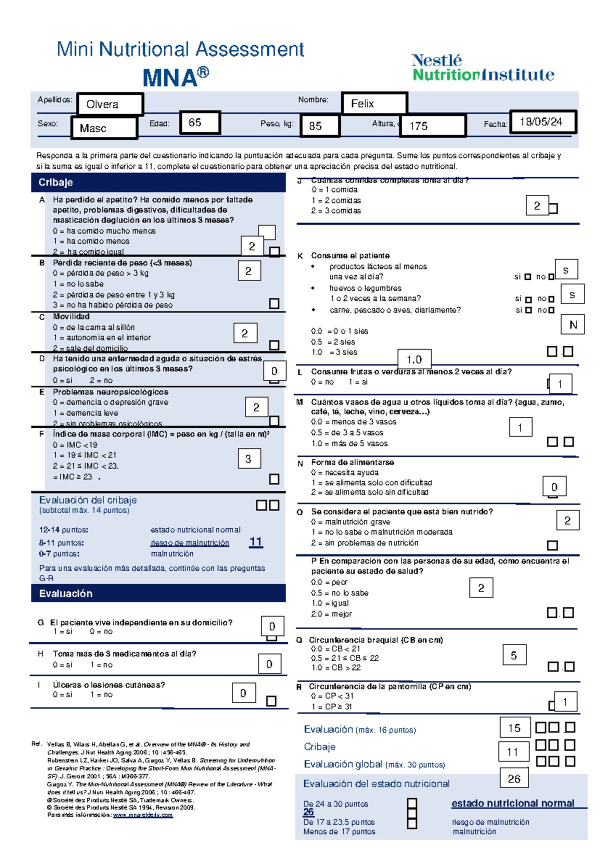 MNA-spanish - manejo - . . Mini Nutritional Assessment MNA ® Responda a la primera parte del ...