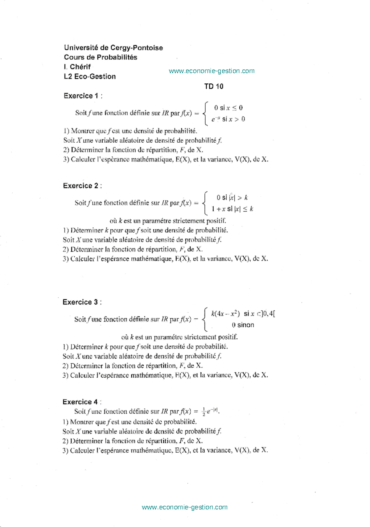 TD10-economie-gestion - Université de Cergy-Pontoise Gours de Probabilités l. Chérif L2 Eco ...