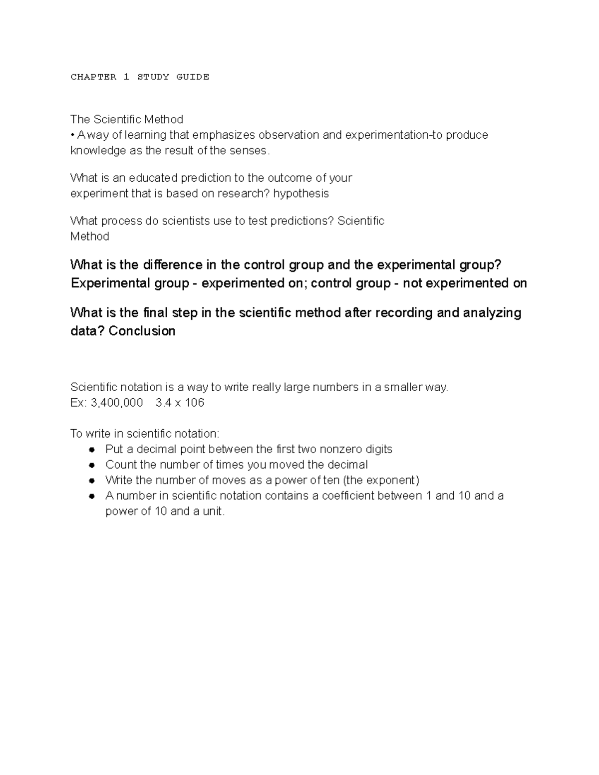 Chapter 1 Study Guide - CHAPTER 1 STUDY GUIDE The Scientific Method A ...