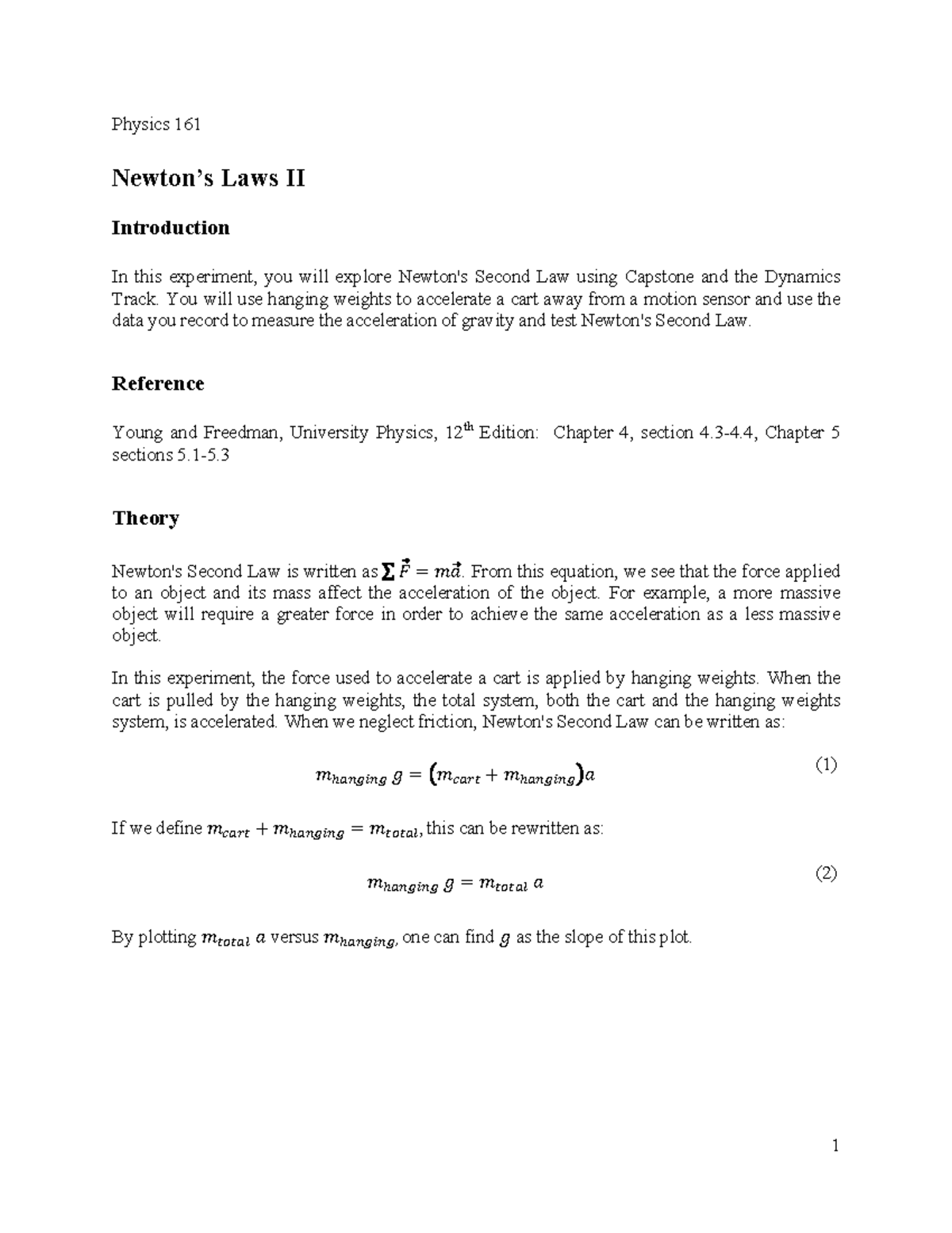 04 Newtons Laws II - Lab 4 - 1 Physics 161 Newton’s Laws II ...