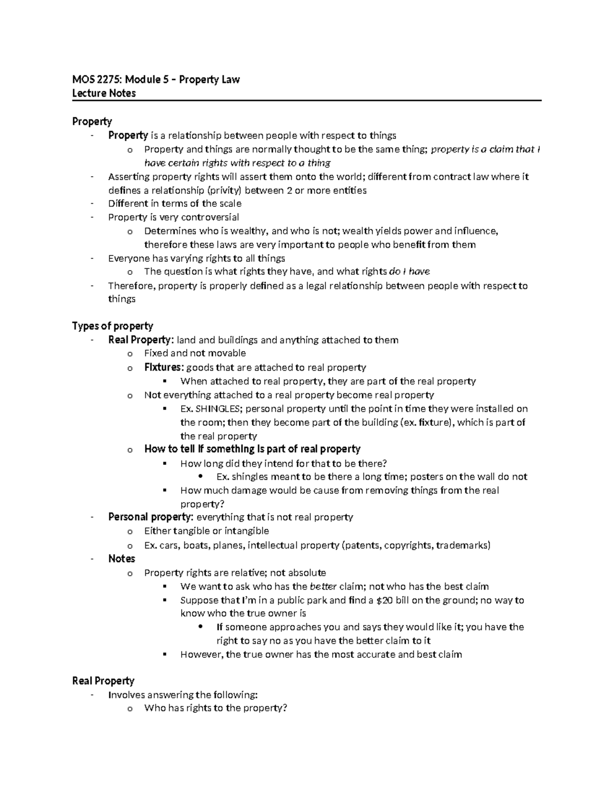 Module 5 - Video Notes - MOS 2275: Module 5 – Property Law Lecture ...