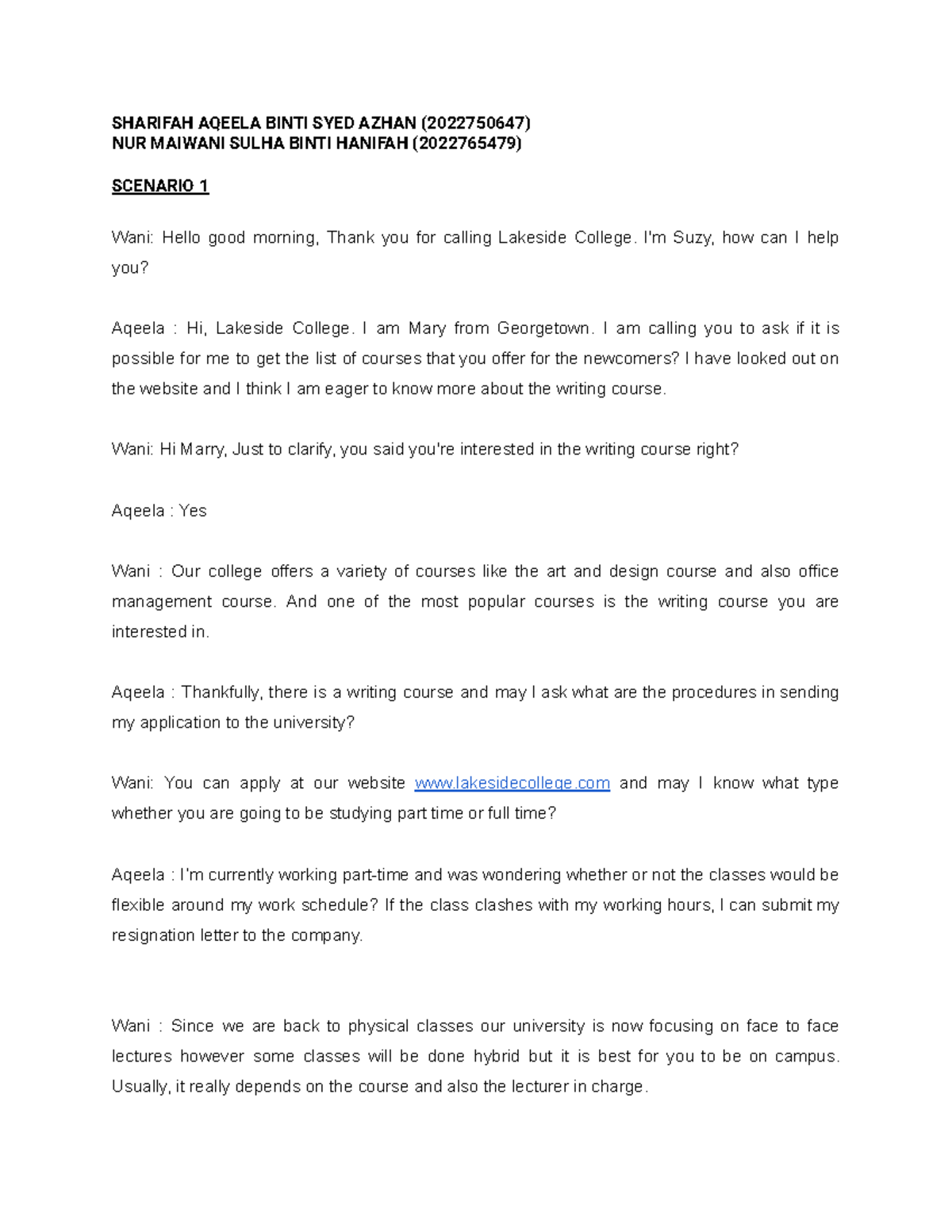 ELC Script Phone Call - SHARIFAH AQEELA BINTI SYED AZHAN (2022750647 ...