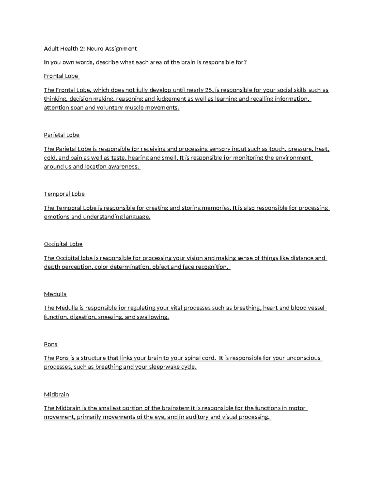 Brain+Function+Assignment - Adult Health 2: Neuro Assignment In you own ...