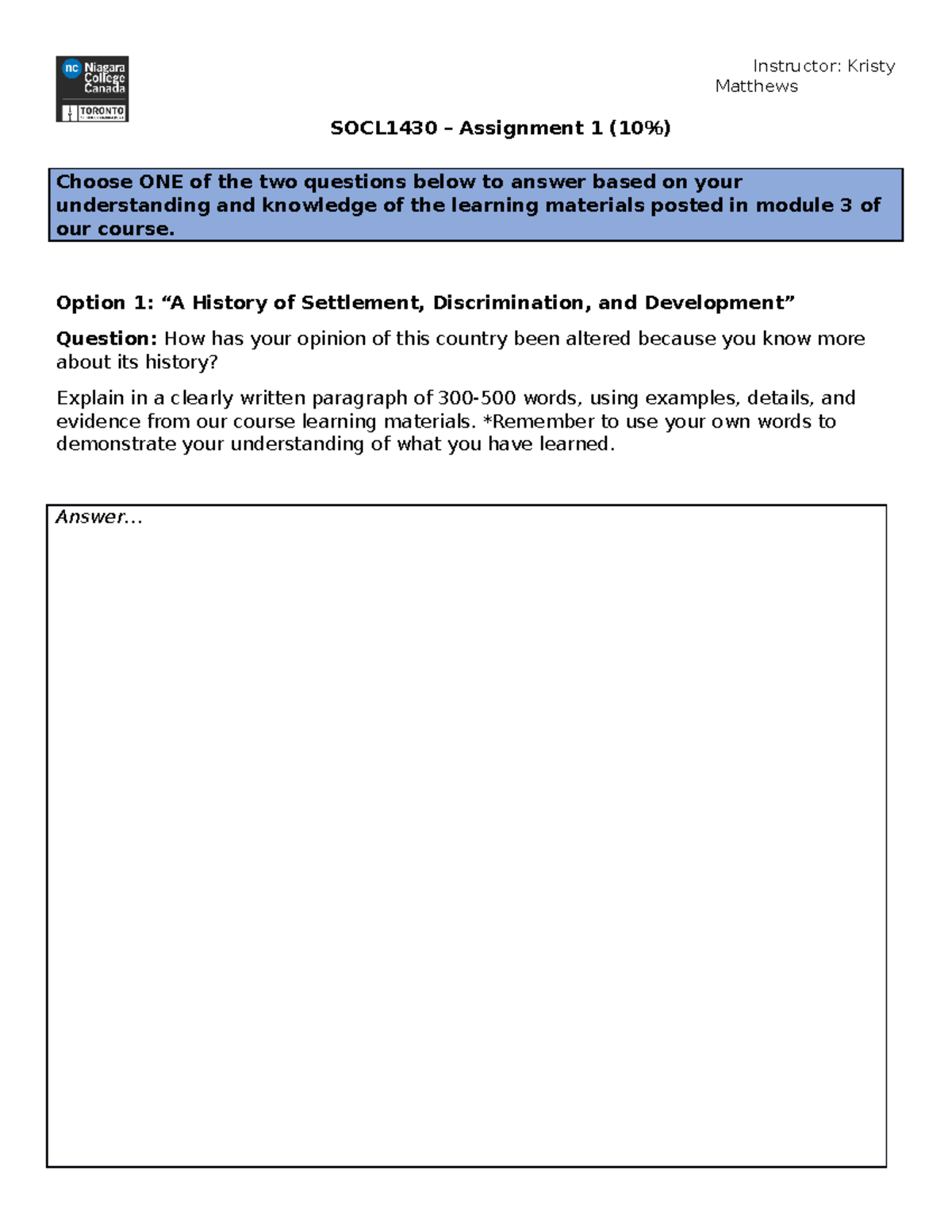 SOCL1430. Week 3 Assignment 1. Worksheet-1-2 - Instructor: Kristy Matthews SOCL1430 – Assignment ...