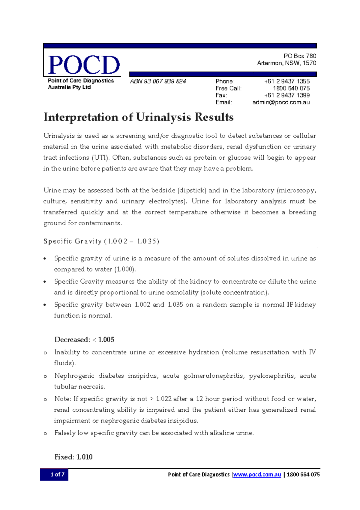 Interpretation of Urinalysis Results - POCD PO Box 780 Artarmon, NSW ...