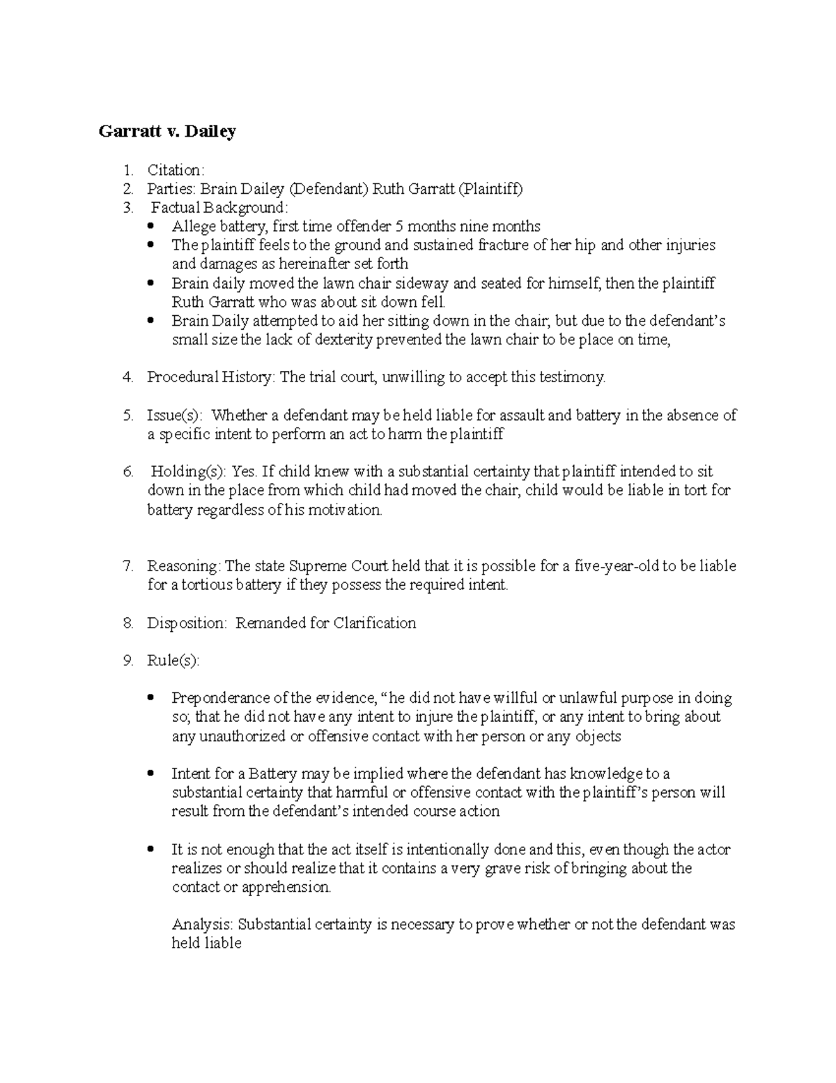 Week 1 Cases - none - Garratt v. Dailey Citation: Parties: Brain Dailey ...
