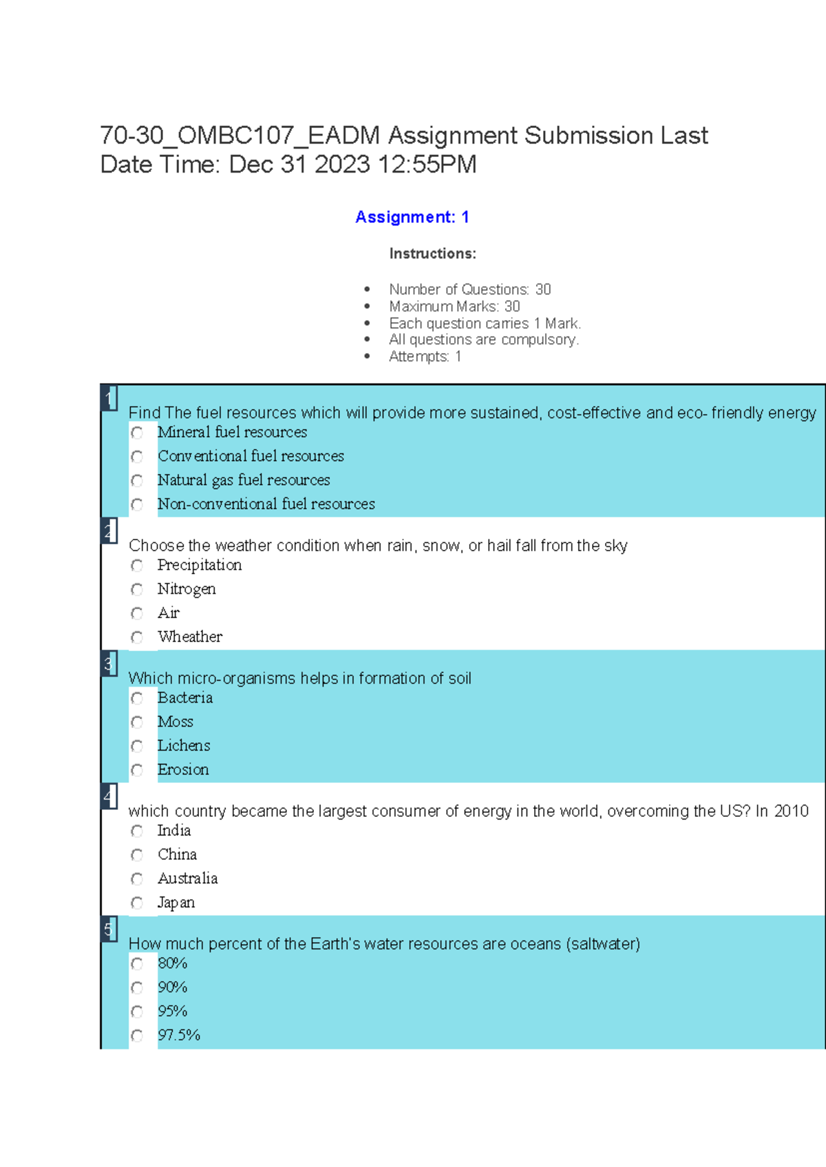 Environmental Awarenessand Disaster Management - 70-30_OMBC107_EADM Assignment Submission Last ...