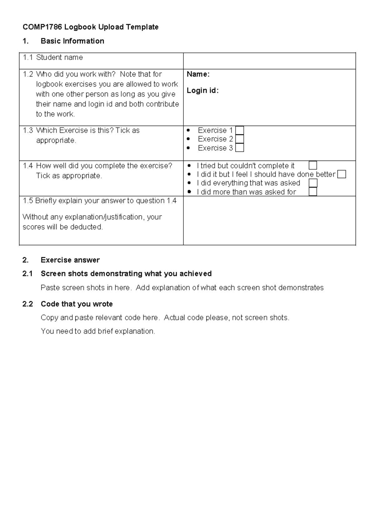 COMP 1786 Logbook Template - COMP1786 Logbook Upload Template Basic ...