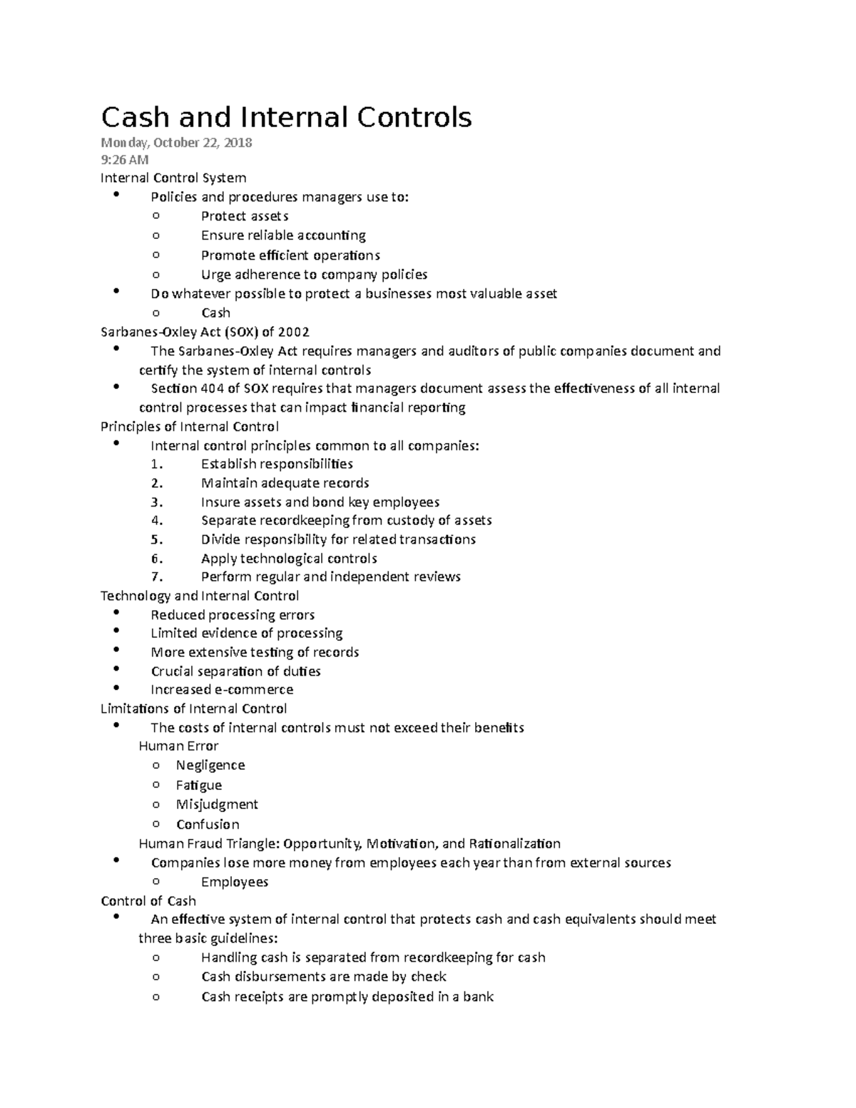 Chapter 8 Notes - Cash and Internal Controls Monday, October 22, 2018 9 ...