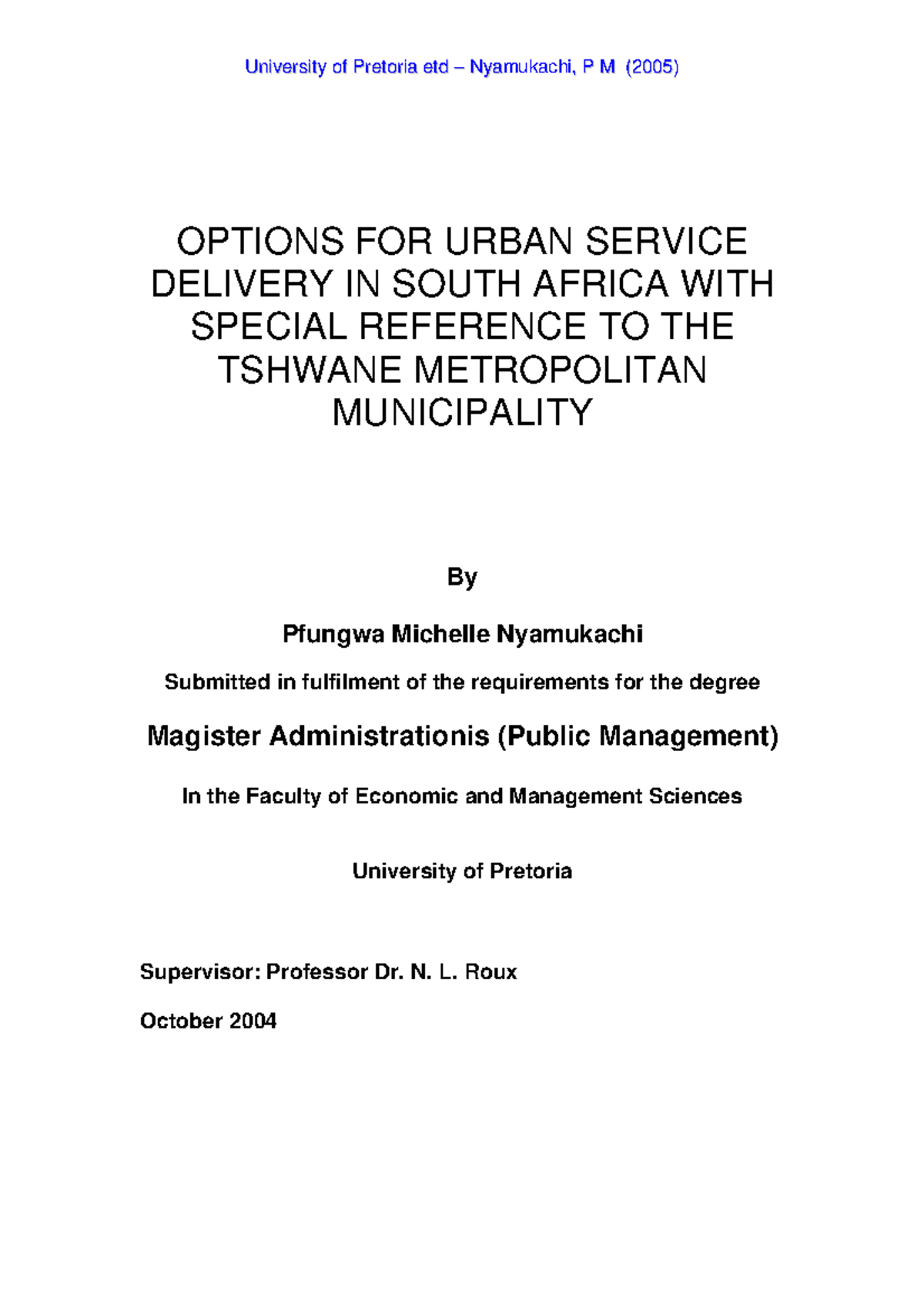Manucipality - Notes - OPTIONS FOR URBAN SERVICE DELIVERY IN SOUTH ...