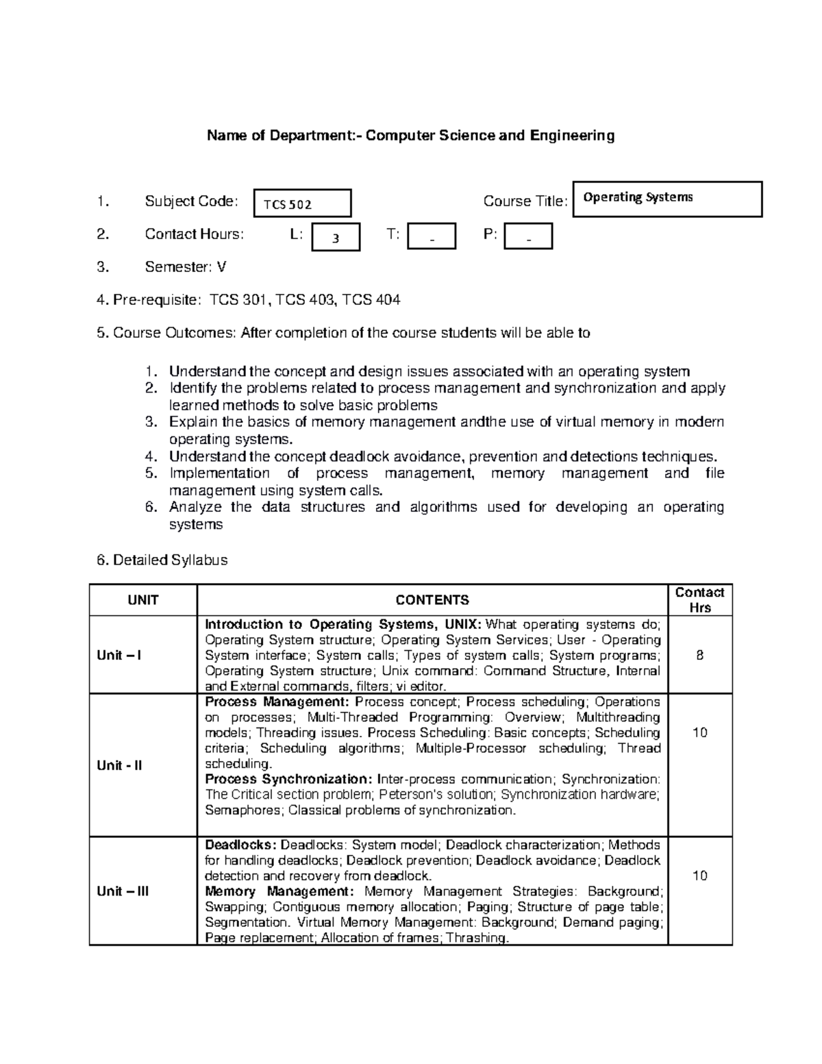 Syllabus-Operating System TCS 502 - Name of Department:- Computer ...