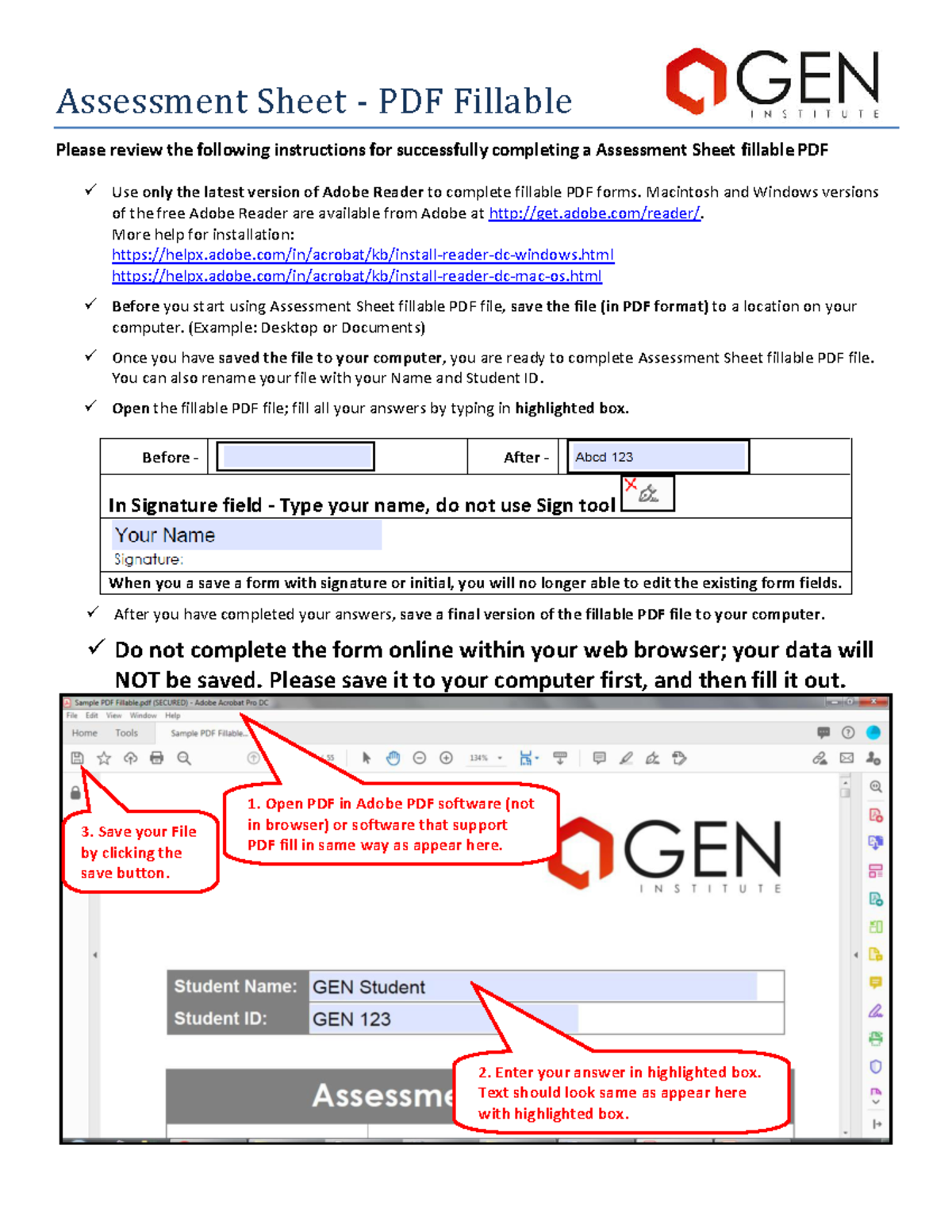 Assessment Sheet PDF Fillable Instructions GEN Updated - Assessment ...