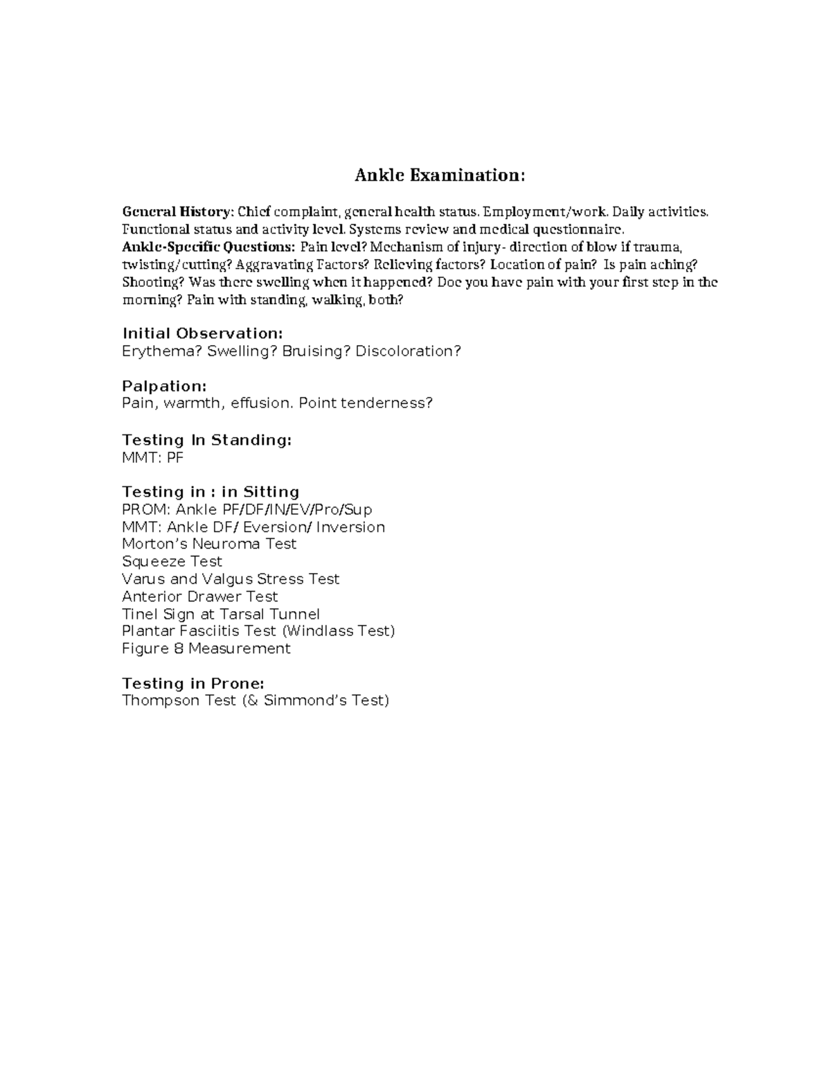 Ankle Examination - Ankle Examination: General History: Chief complaint ...