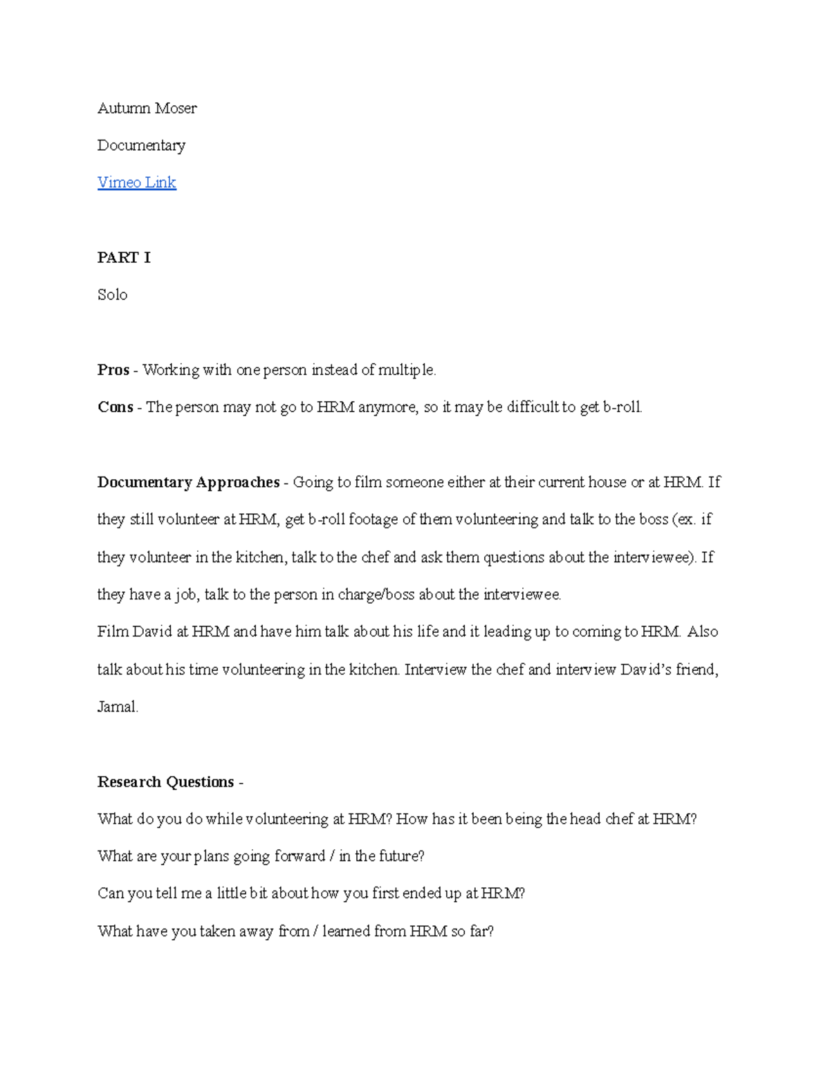 Documentary Final - Autumn Moser Documentary Vimeo Link PART I Solo ...