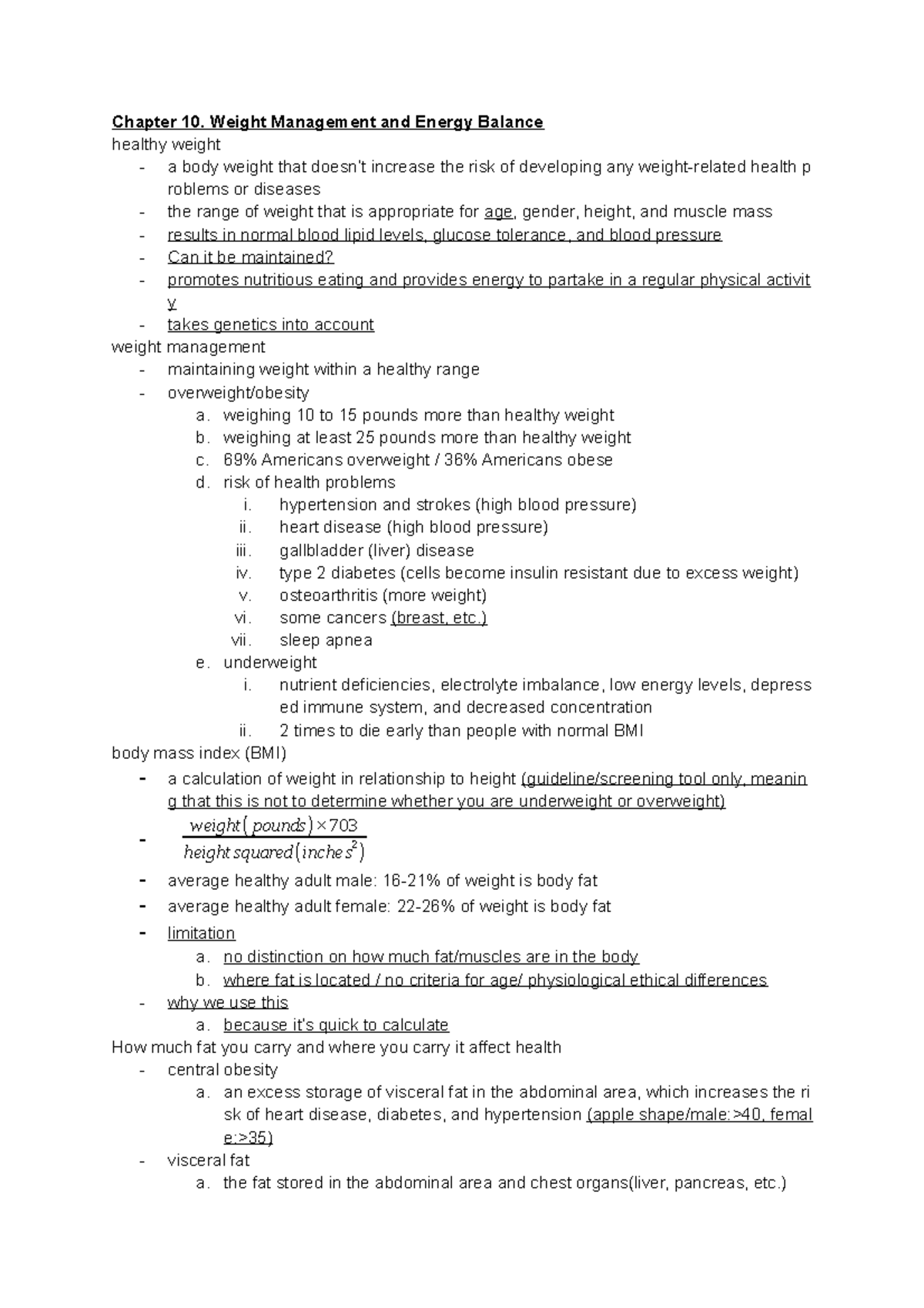 N- chapter 10 notes - Chapter 10. Weight Management and Energy Balance ...