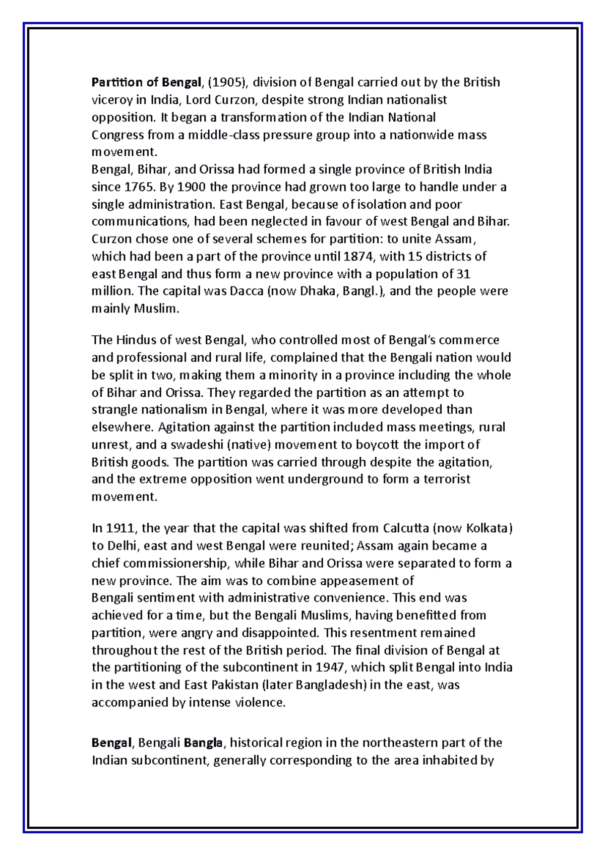 Partition of Bengal features - Partition of Bengal , (1905), division ...