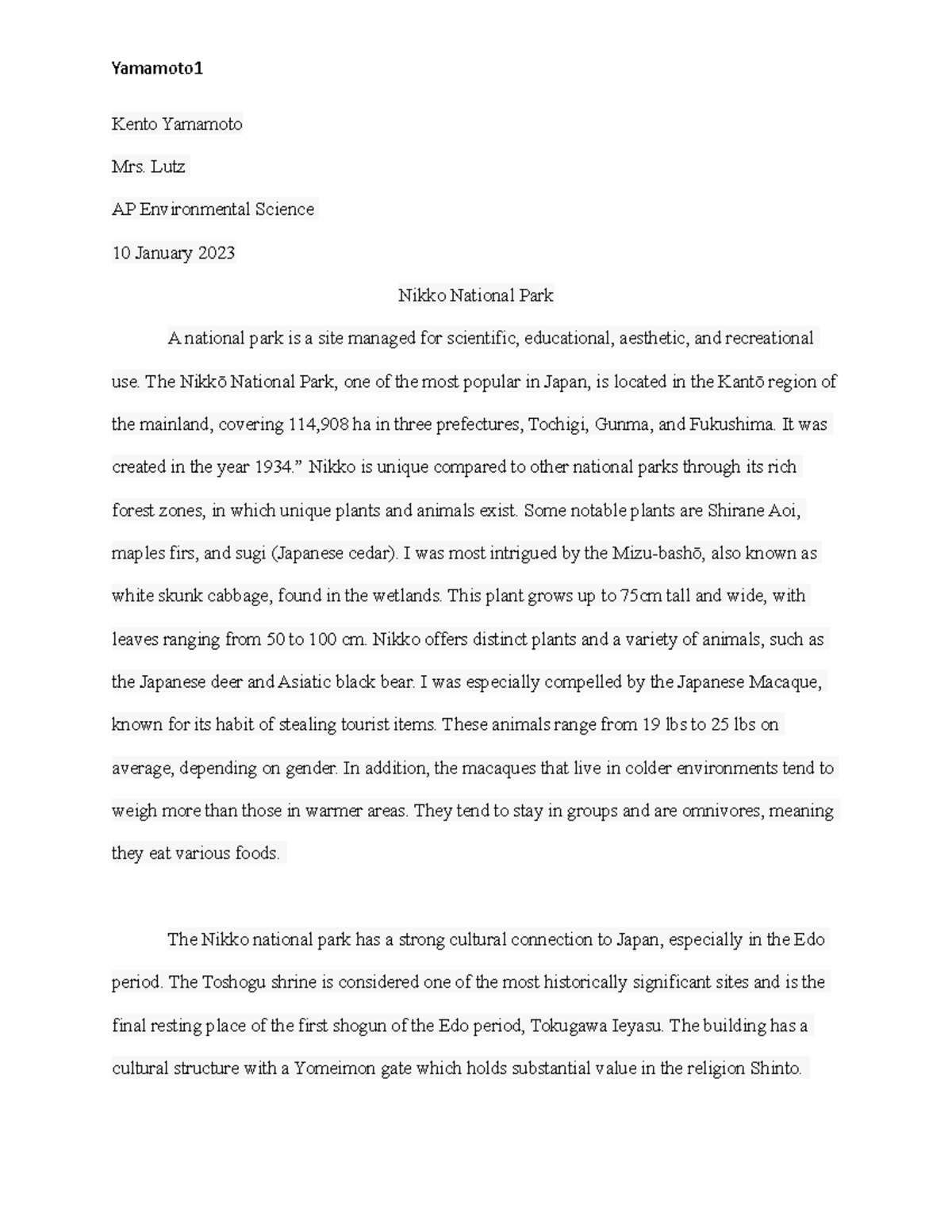 National Park paper - Yamamoto Kento Yamamoto Mrs. Lutz AP ...