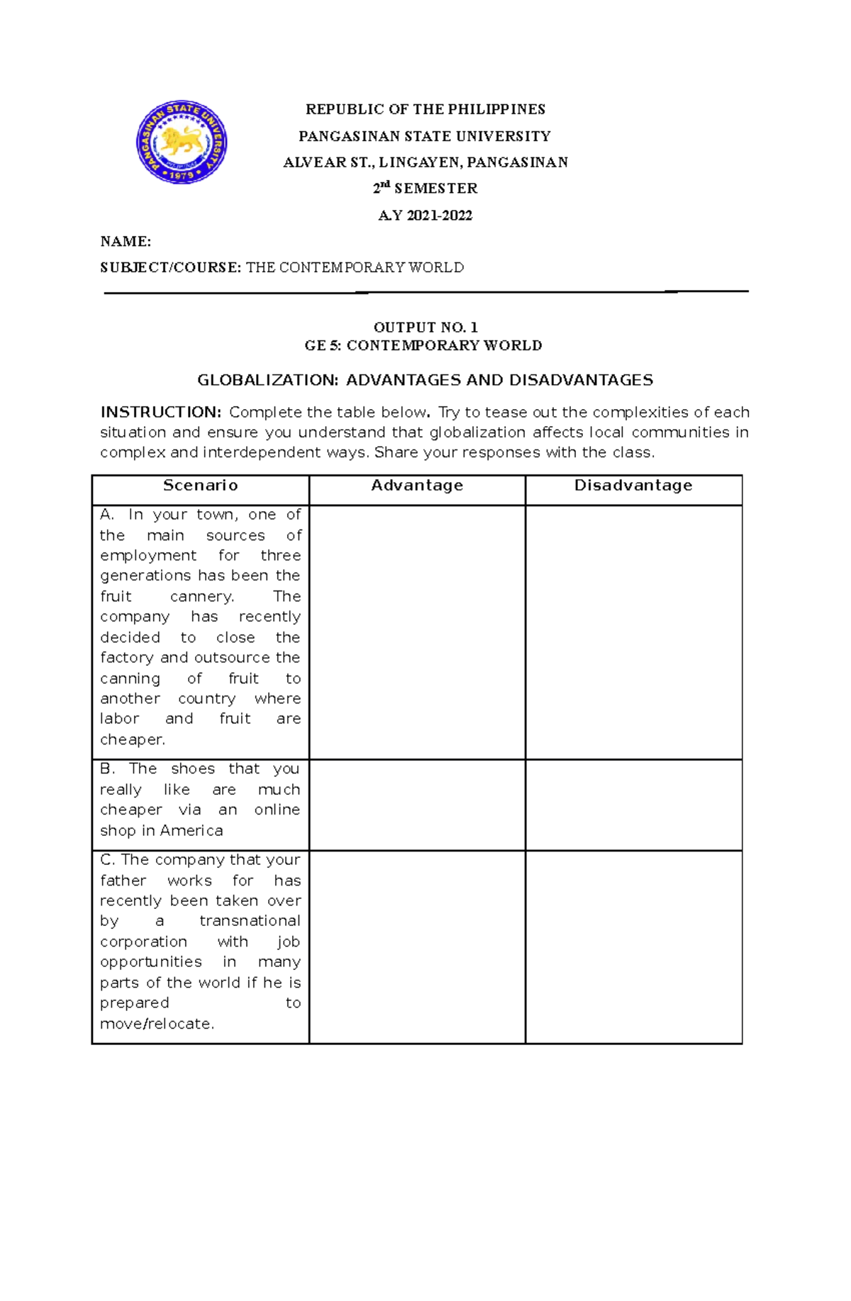 General Education 5 Assignment No. 1 - REPUBLIC OF THE PHILIPPINES ...