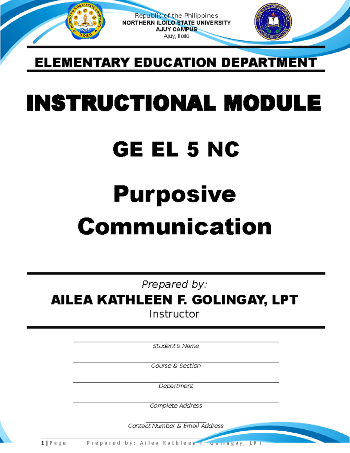 Module 1 - GE EL 5 NC - AJUY, CAMPUS ELEMENTARY EDUCATION DEPARTMENT ...
