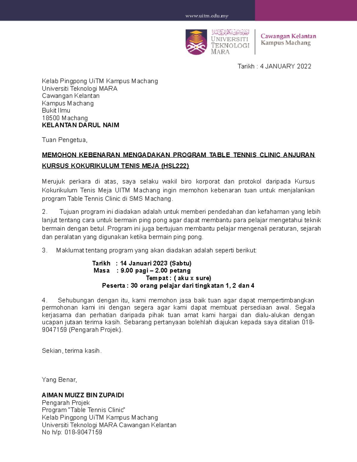 Surat Jemputan HSL222 (II) - Tarikh : 4 JANUARY 2022 Kelab Pingpong ...