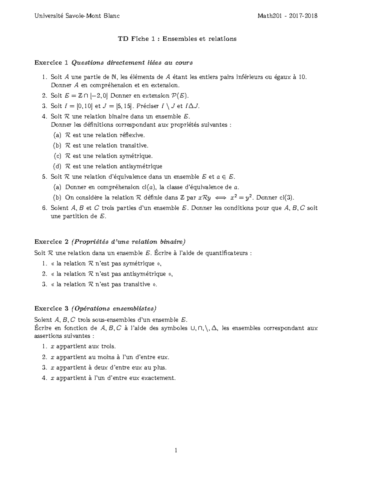 TD n°1 : Ensembles et relations - Blanc Math201 TD Fiche 1 : Ensembles et relations Exercice 1 ...