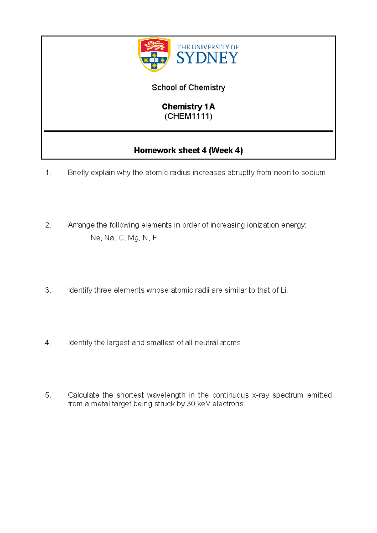 worksheet 4 - chemistry 1111 - School of Chemistry Chemistry 1A (CHEM1111) Homework sheet 4 ...