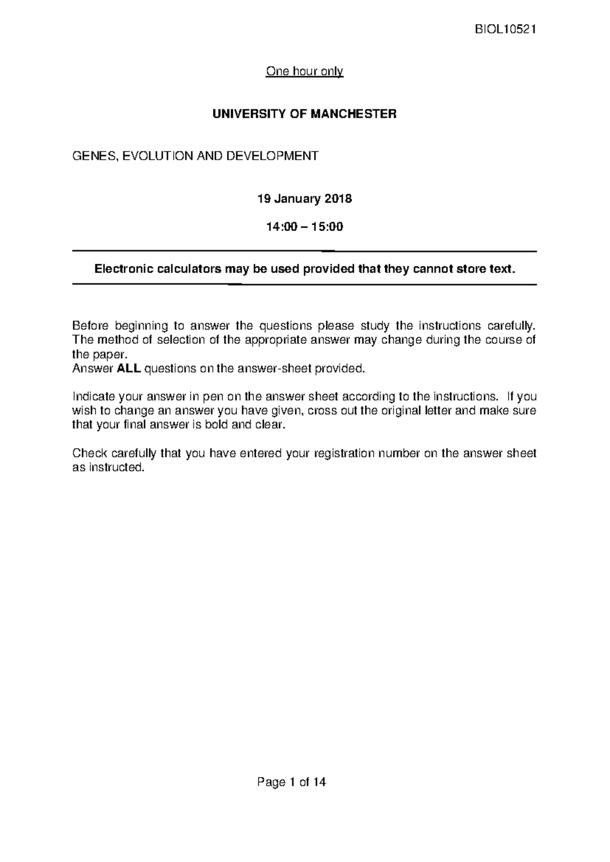 BIOL10521 Sem1 1718 Questions - One hour only UNIVERSITY OF MANCHESTER ...